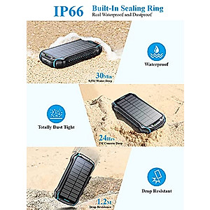 aonidi Solar Power Bank, Portable Charger 26800mAh with 5V 3.1A Output 2 Inputs, Outdoor Battery Pack with Flashlight IP66 Waterproof Battery Bank for iPhone Android Cell Phones