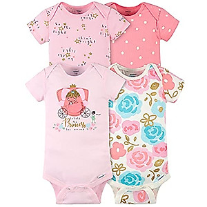 Gerber Baby Girls' 4-Pack Short Sleeve Onesies Bodysuits, Princess Pink, 18 Months