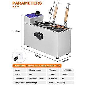 JIAWANSHUN Commercial Pasta Cooker Electric Noodle Cooker with 2 Baskets for Restaurant,Cooking Spaghetti Dumplings Vegetables,30-110℃ Temperature Adjustable 110V