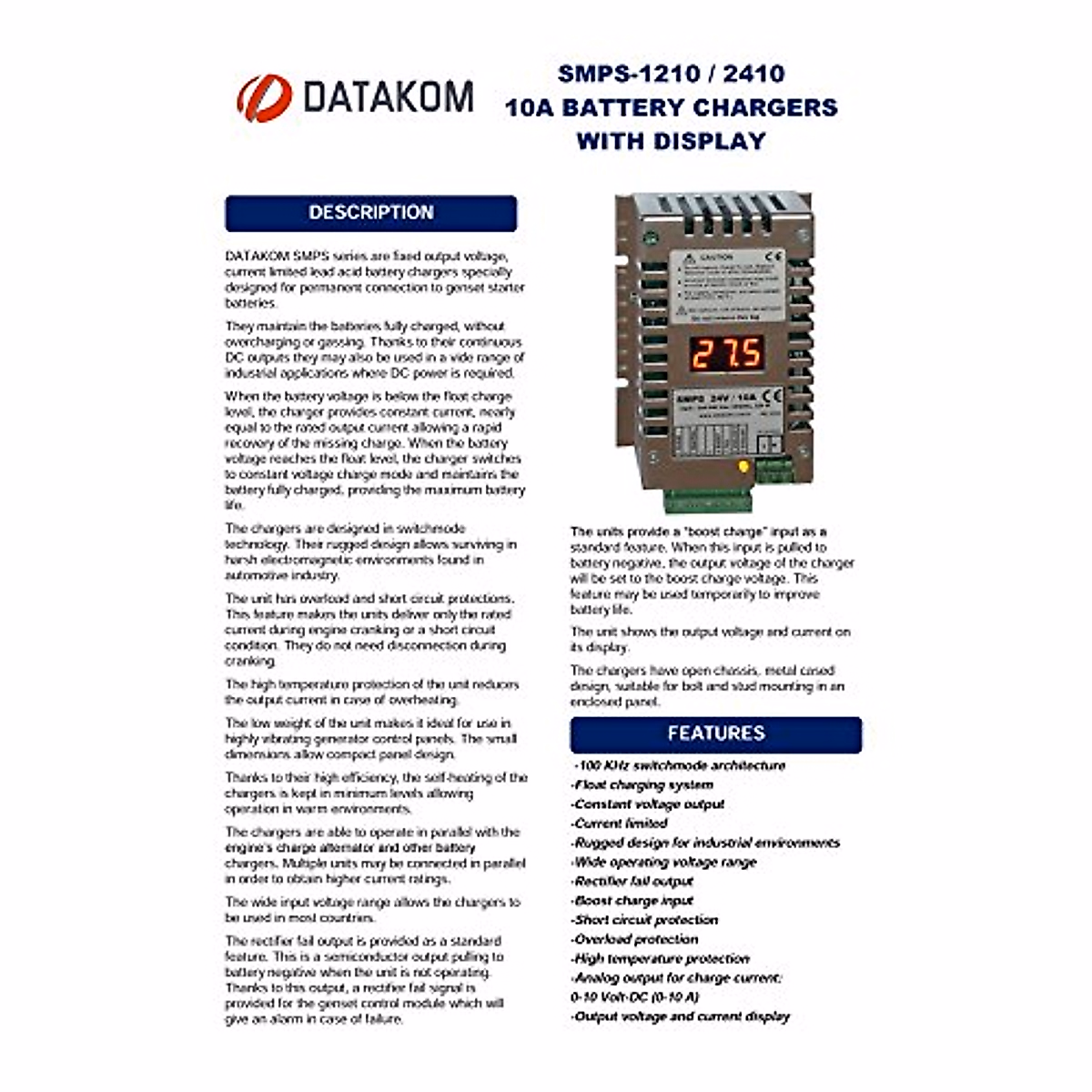DATAKOM SMPS-2410 (24V/10A) Generator Start Battery Charger/Stabilized Power Supply with Display