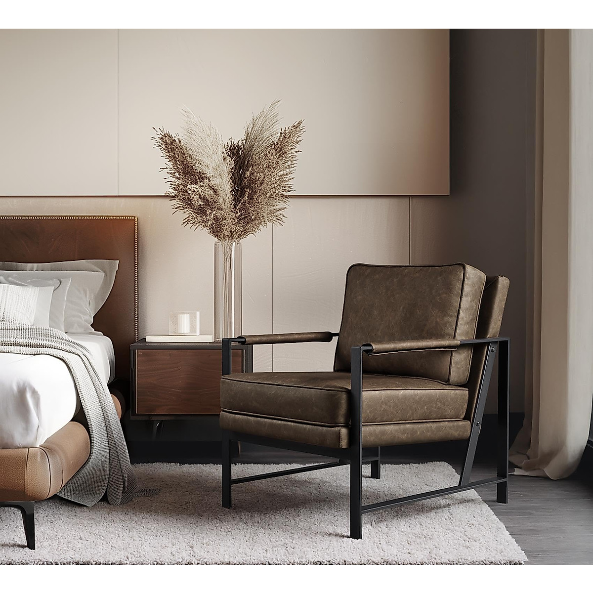 Yaheetech PU Leather Armchair, Retro Leisure Accent Chair with Extra Soft Padded and Cushion, Modern Reading Arm Chair with Black Metal Frame for Living Room/Office/Bedroom/Study, Brown