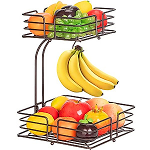 Kufutee 2 Tier Countertop Fruit Basket,Vegetables Bowl Storage With Banana Hanger,Bronze