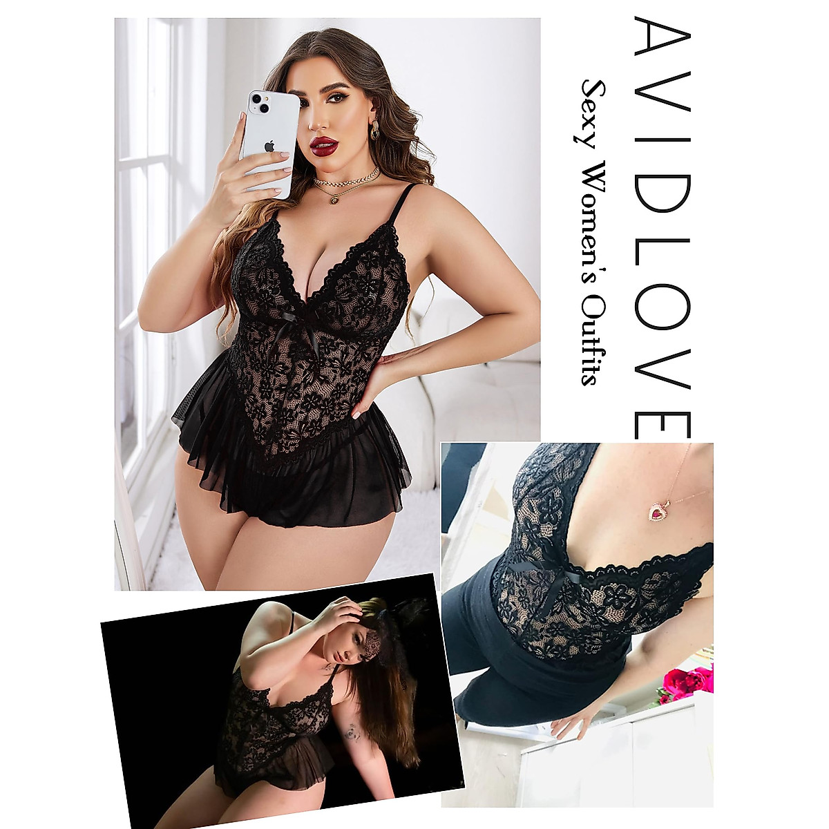 Avidlove Black Bodysuit Women Sexy Plus Size Babydoll Lingerie Strap Chemise Nightgown V Neck Sleepwear Nightwear