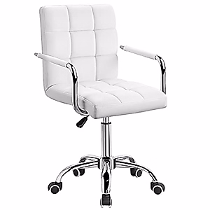 Furmax Mid-Back Office Task Chair Ribbed PU Leather Executive Modern Adjustable Home Desk Retro Comfortable Work Chair 360 Degree Swivel with Arms (White)