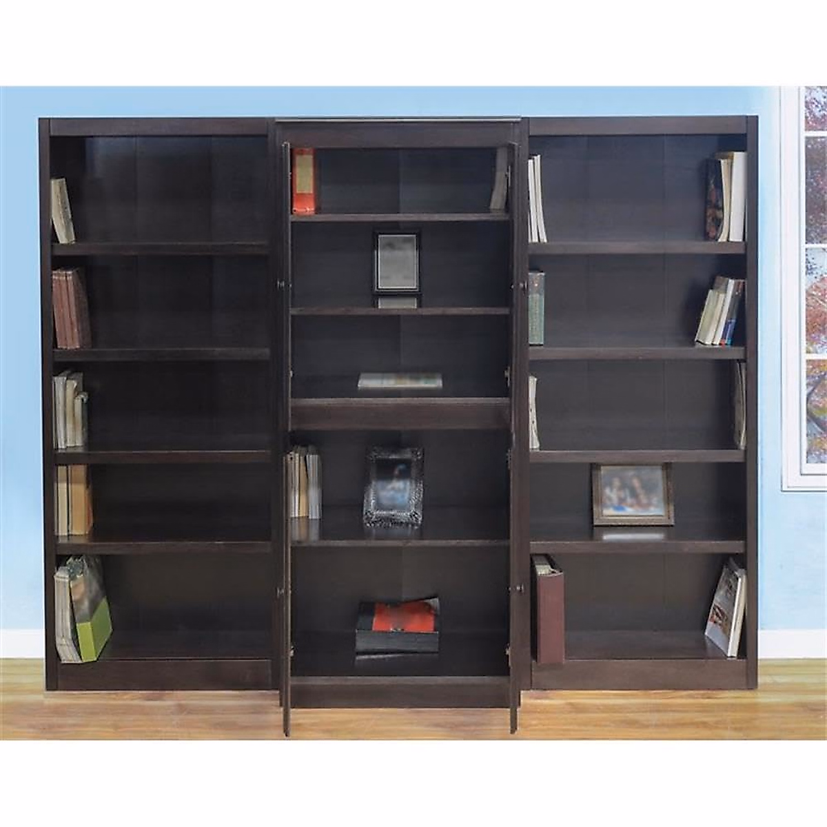 BOWERY HILL Traditional 72" 15-Shelf Wood Bookcase Wall with Doors in Espresso