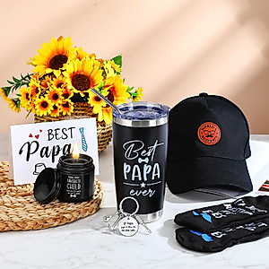 VitalCozy 9 Pcs Papa Gifts for Christmas Grandpa Birthday Gifts from Grandkids Daughter Include Pillow Cover Tumbler Spoon Keychain Socks Hat Card Scented Candle Gift Box for Dad Papa Thank You Gifts