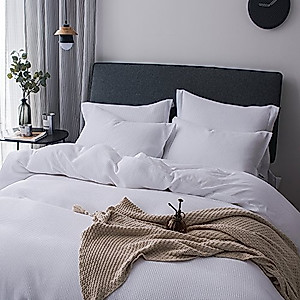 Merryfeel Waffle Duvet Cover Set,100% Cotton Waffle Weave Textured Duvet Cover Set - Full/Queen White