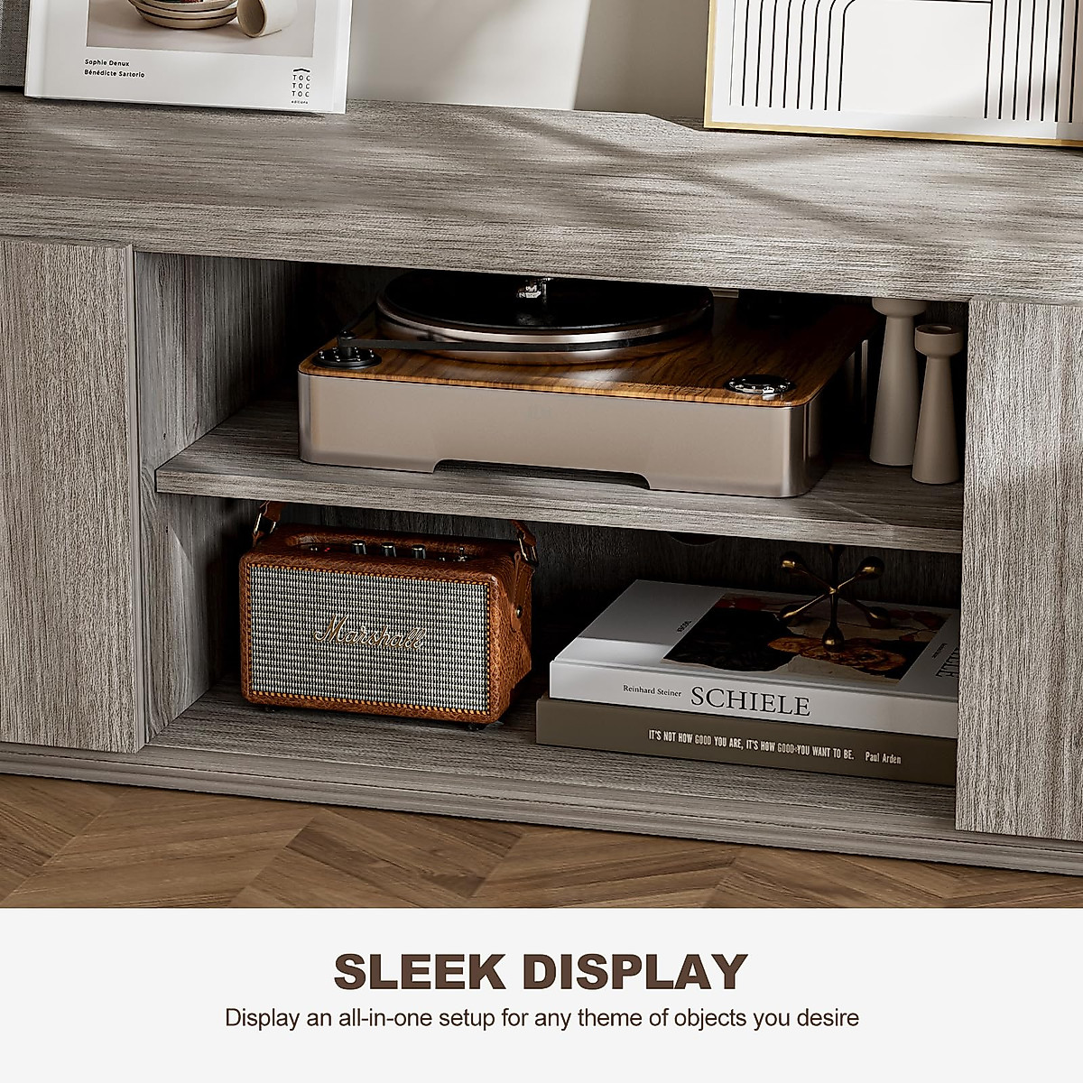 BELLEZE 70" TV Stand for TVs up to 75", Media Entertainment Center Console Table with Oversize Drawers and 2-Tier Open Shelves, Wood Storage Cabinet for Living Room, Bedroom - Mint (Gray)