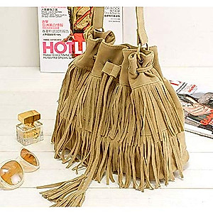 Heidi Women's Fringed Bucket Purse Tassel Faux Suede Shoulder Bag Ring Top-Handle Crossbody Bag Apricot