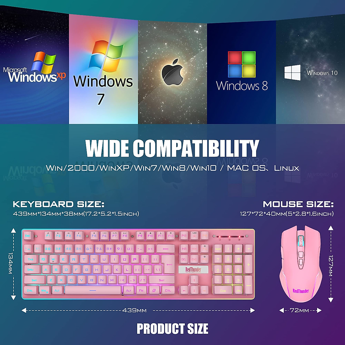 RedThunder K10 Wireless Gaming Keyboard and Mouse Combo, LED Backlit Rechargeable 3800mAh Battery, Mechanical Feel Anti-ghosting Keyboard + 7D 3200DPI Mice for PC Gamer (Pink)