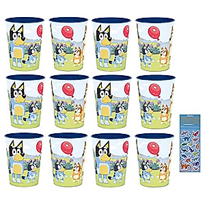 Unique Bluey Birthday Party Supplies Bundle Pack includes 12 Reusable Plastic Cups and 1 Esave Dinosaur Sticker Sheet