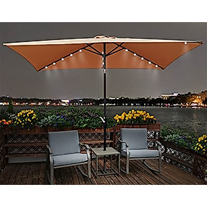 10*6.5ft Solar Patio Umbrella, 26 LED Lighted Rectangular Market Umbrellas with Crank & Push Button Tilt, Table Outdoor Patio Umbrella with Fade-Resistant Polyester Canop, 6 Heavy Duty Square Ribs for Garden Swimming Pool Backyard, Brown
