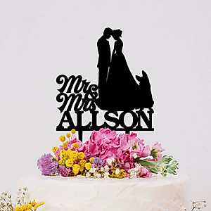 BYRON HOYLE Mr & Mrs Personalised Wedding Cake Topper Bride And Groom Toppers Silhouette Rustic With German Shepherd Dog Black Acrylic Custom (wczmx2fecozc)