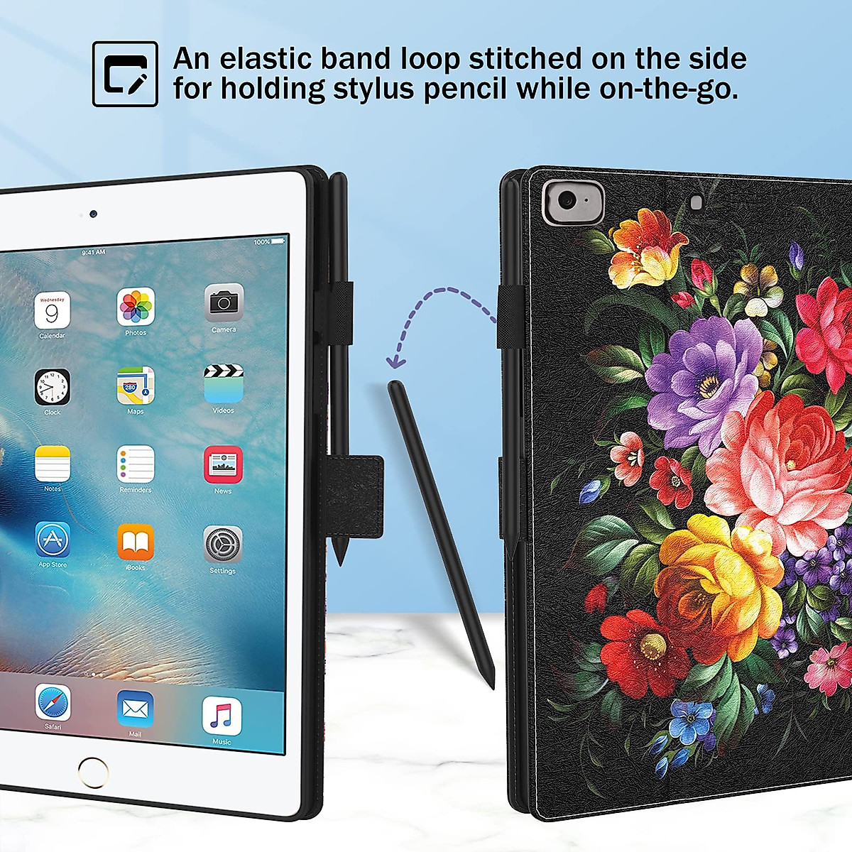 Dteck Case for iPad Mini (5th/4th Generation), iPad Mini 3/2/1 Case 7.9" - Flip Leather Smart Case with [Auto Sleep Wake/Adjustable Viewing-Stand Angle] Shockproof Protective Cover (Flowers Black)