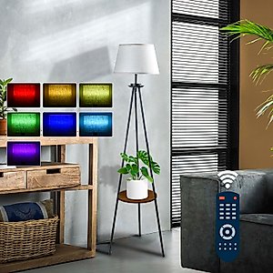 ELINKUME Modern Floor Lamp with Shelves, Dimmable Tripod Floor Lamp with E26 RGB Bulb, Remote & WiFi APP Control, Perfect for Reading and Storage Need in Living Room, Bedroom, and Office