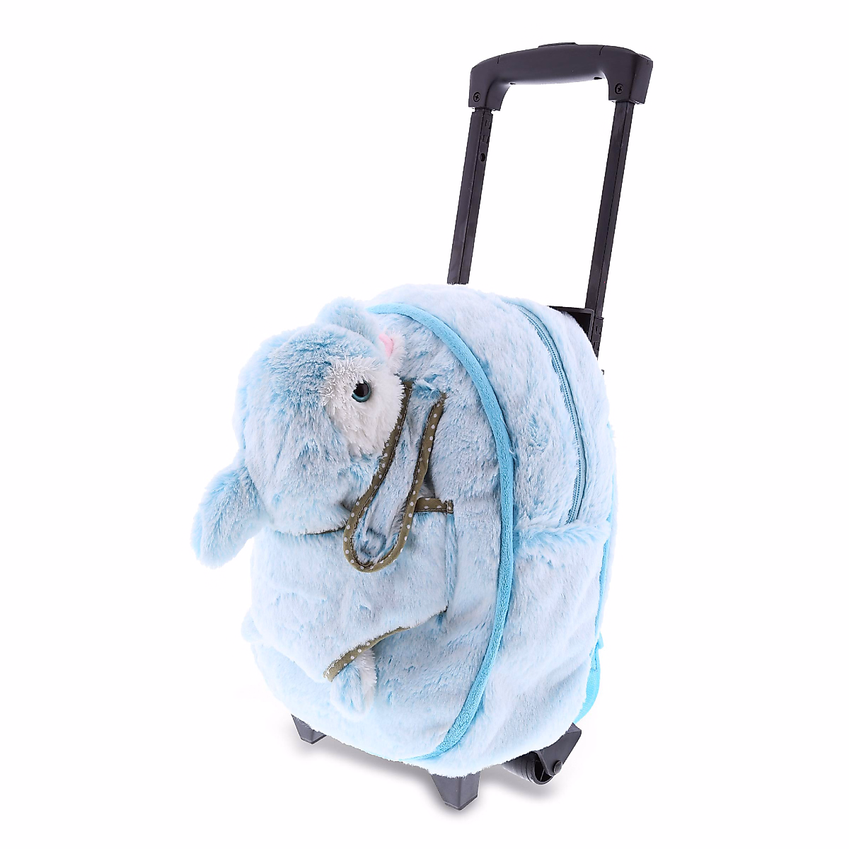 DolliBu Dolphin Plush Trolley and Purse Set - 3-in-1 Kids Trolley, Backpack, Blue Dolphin Purse, Soft Plush Backpack on Wheels, School Rolling Bag with Removable Plush Toy- 15"
