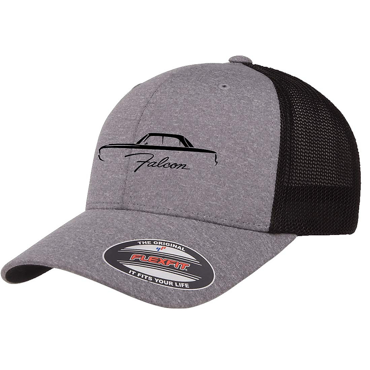 1960-63 Ford Falcon Hardtop Outline Design Flexfit Trucker Mesh Fitted Cap Heather/Black