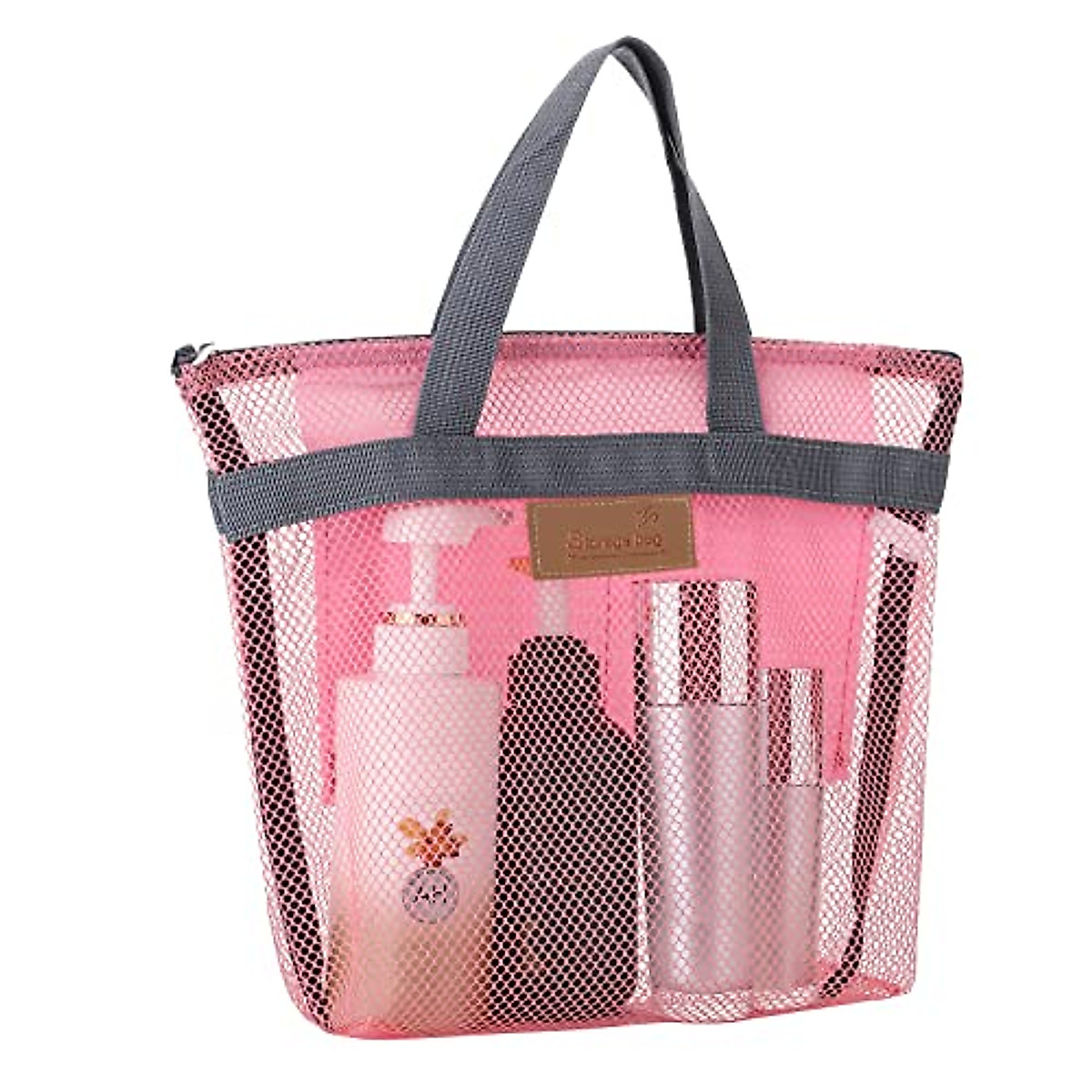 THINP Portable Shower Caddy, Mesh Shower Caddy Tote Mesh Shower Bag Quick Dry Shower Tote Bag with Zipper & 2 Pockets for College Dorms Gym Swimming Beach Travel Sports Games 10.6 * 7.8 Inch (Pink)