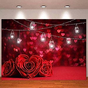 MAQTT 7 x 5 FT Red Love Heart Rose Bokeh Glitter Photo Backdrop Valentine's Day Mother's Day Wedding Bride Shower Party Photography Background Girl Birthday Decoration Supplies