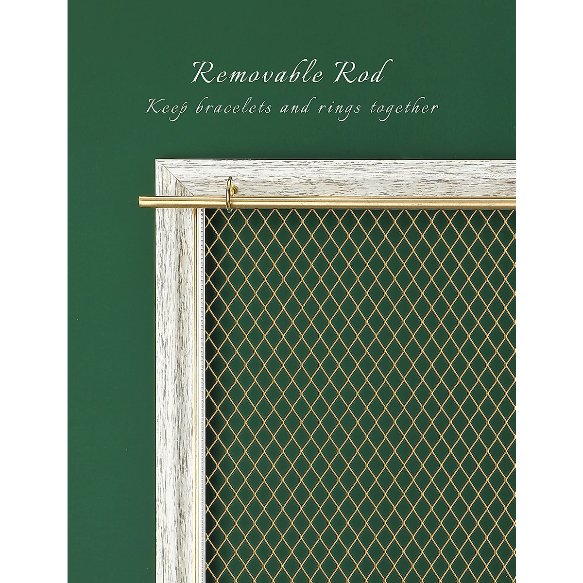 Heesch Hanging Earring Organizer Frame Wall Mounted Jewelry Holder Vintage Rustic Stud Earring Display with Removable Rod and 12 Hooks for Necklaces, Bracelets and Rings (Distressed White)