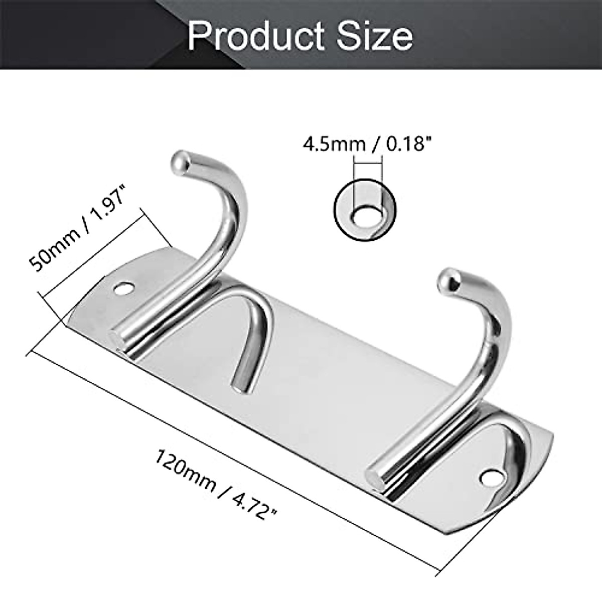 MroMax Wall Mounted 2 Hooks Towel Hat Coat Clothes Wall Hook Rack Rail, Silver 1Pcs