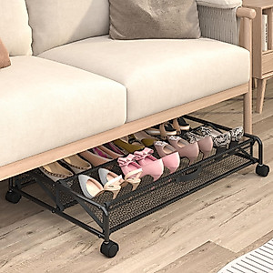 KOSIWU Under Bed Shoe Storage with Wheels, 2 Pack Rolling Under Bed Storage Containers for Shoes Metal Shoe Rack Organizer Bedroom Organization