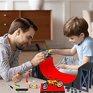 Half Pipe Skateboard Ramps Set, Bigger Fingerboard Skatepark Deck, Finger Skate Park Toy with Fingerboard Ramps, Skateboards, Finger Scooter, Finger Bike & Motorcycle for Adults Kids Gifts(Red)