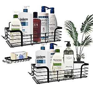 MBR FORCE Shower Caddy 3-Pack Adhesive Bathroom Shower Shelf, Large Capacity Stainless Steel Shower Organizer Shelves with Hooks, No Drilling, Rustproof, Wall Mount for Bathroom, Kitchen Black