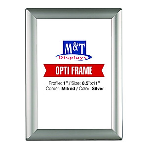 M&T Displays Opti Snap Poster Frame with Support Leg 8.5x11 Inch Silver 1" Aluminum Profile Front Loading Photo Picture Document Certificate Sign Holder Mitered Corner Anti Glare Cover