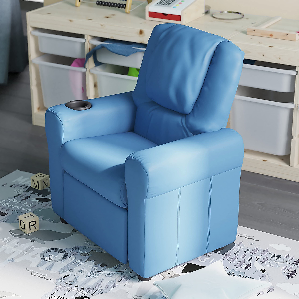 HBCY Creations Kid's Recliner - Light Blue Vinyl Upholstery - Integrated Cupholder - Padded Headrest - Safety Recline Feature