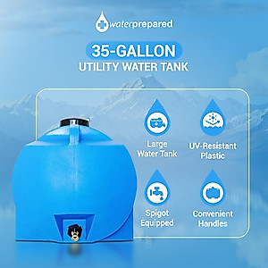 WaterPrepared 35 Gallon Utility Water Tank with Large Cap for Easy Filling, 3/4 Inch Brass Spigot, 2 Built in Strapping Points and 2 Handles, Blue