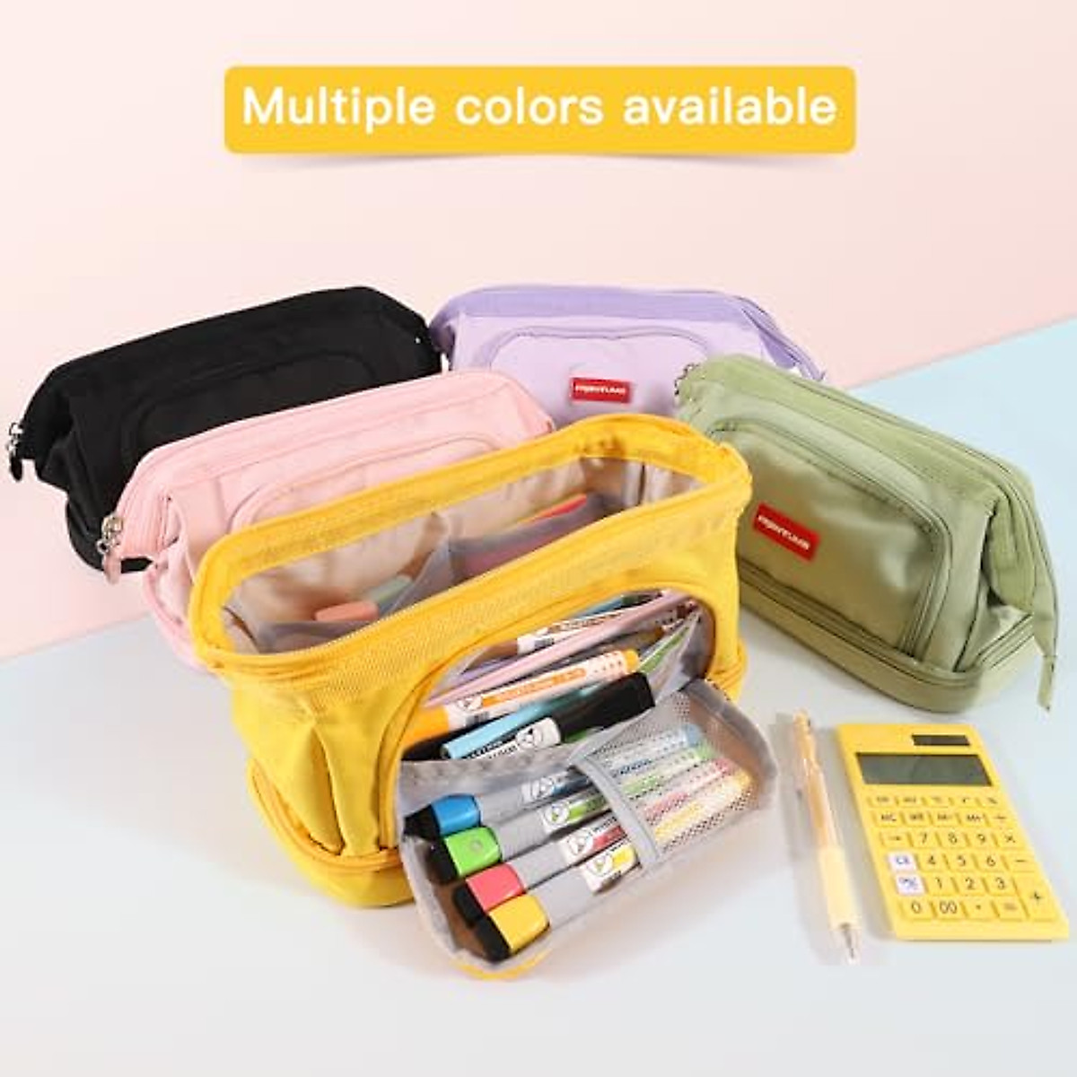 Frantuma Color Pen Pencil Case with 3 Compartments, Large Capacity Multi-Slot Makeup Pouch Bag Aesthetic Pencil Holders Stationery Organizer for Office College School Teen Girl Boy Men Women