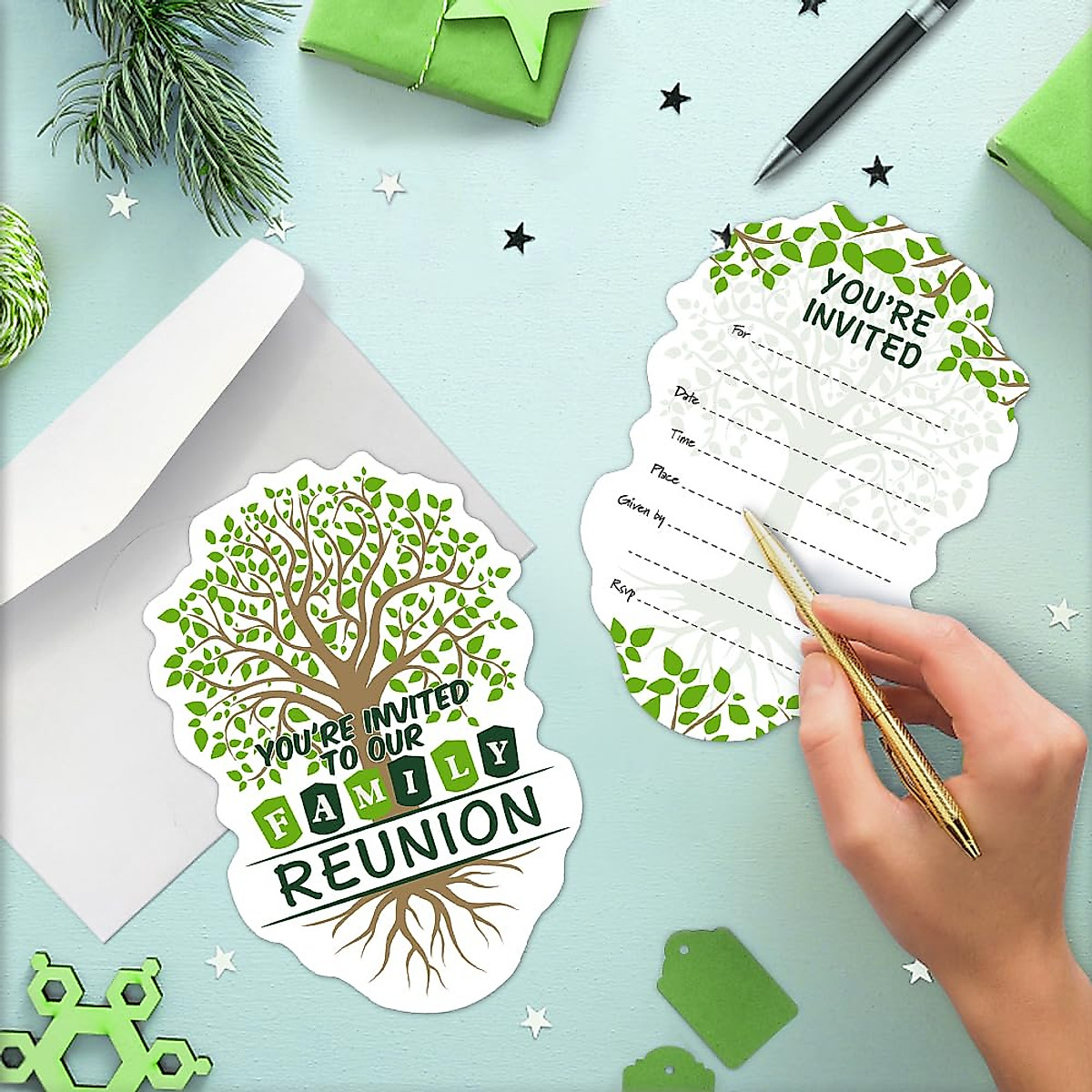 Cusrtyh Greeting Card - 15 Sheets Family Tree Reunion Invitations, Double Sided, Birthday Party Supplies with 15 Envelopes