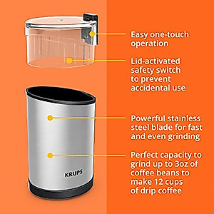 Krups Fast-Touch Stainless Steel Coffee and Spice Grinder 3oz, 85 gr bean hopper Easy to Use, One Touch Operation 200 Watts Coffee, Espresso, French Press, Spices, Dry Herbs, Nuts, 12 cups Silver