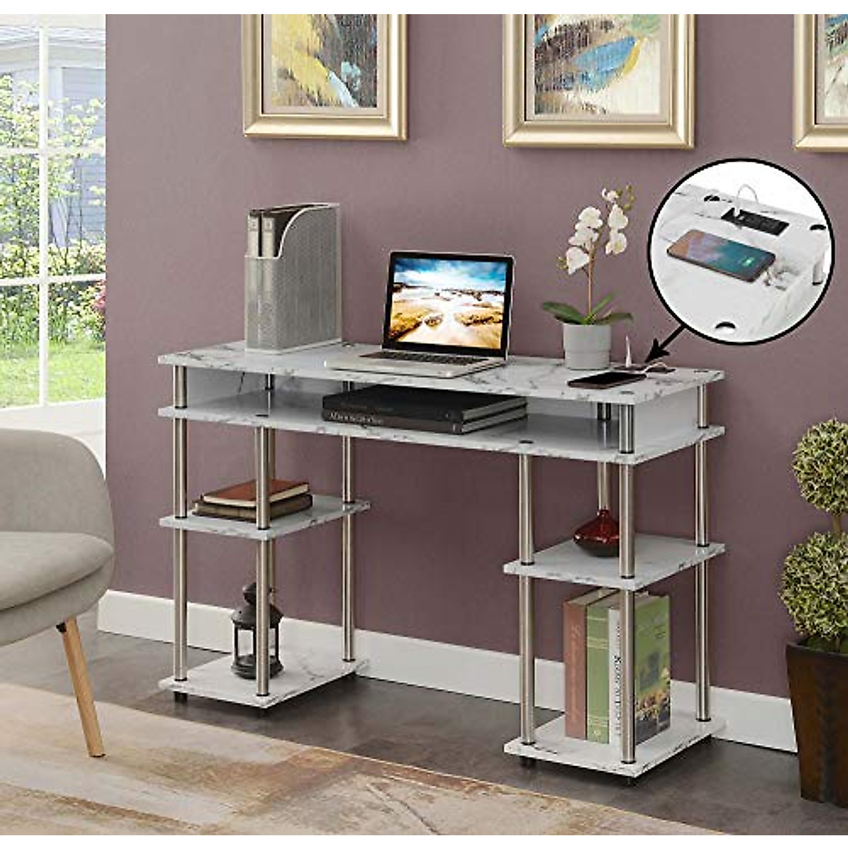 Convenience Concepts Designs2Go No Tools Student Desk with Charging Station and Shelves, White Marble