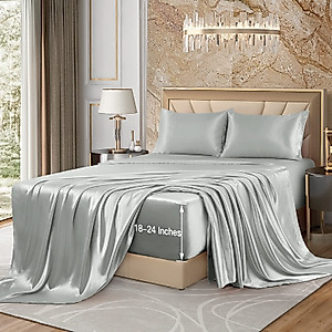 VACVELT 4pcs Extra Deep Pocket Satin Sheets Full Size Bed Set, Silver Grey Satin Sheet Set Fit 18-24 Inch Deep Pocket Mattress, Silky & Luxury Satin Bedding Set Soft & Ultra Deep Fitted Sheet Set