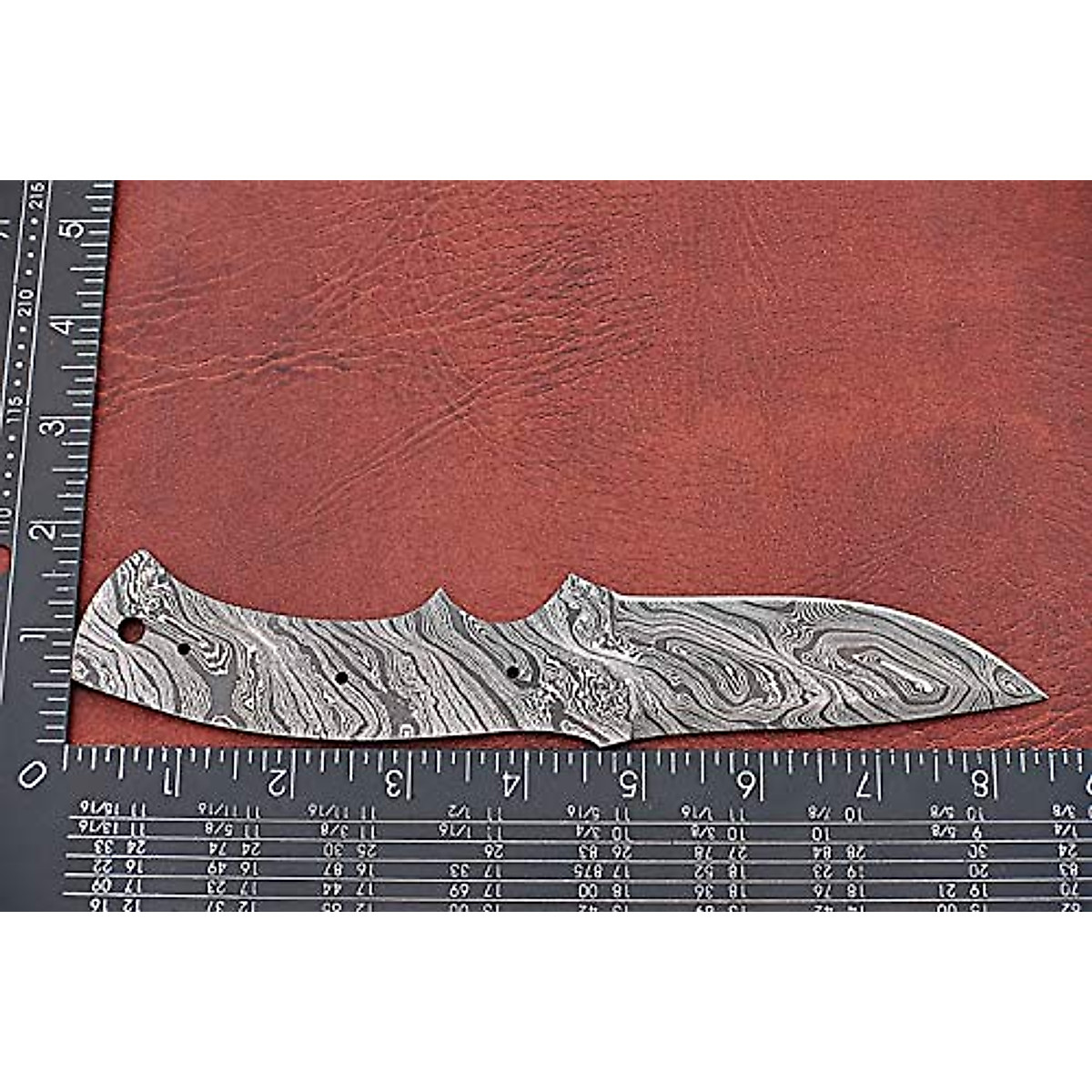 8.5 inches long Drop point blank blade skinning knife, hand forged Damascus steel 4.5" scale space with 3 Pin hole & an inserting hole space 3.75 inches cutting edge