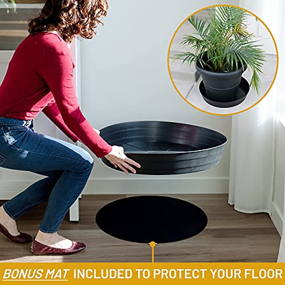 Garden Hour 25" Extra-Large Plant Saucers for Potted Plants & Felt Mat for Floor Protection - Plastic Plant Trays for Indoors No Holes - Extra-Deep Drip Trays for Potted Plants - 25W x 4.2D in.