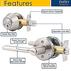 Front Door Entry Lever with Double Cylinder Deadbolts Combination Set, Satin Nickel Finish, Keyed Alike Exterior Entrance Lever Door Handle Set for Front/Back Gate Door, Pack of 2