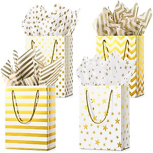Tenceur 24 Pcs Valentine's Day Gift Bags with Tissue Paper Reusable Foil Gift Packaging with Handle for Wedding Birthday Mother's Day Baby Shower Party Favor 10 x 8 x 4.4 Inch(White and Gold)