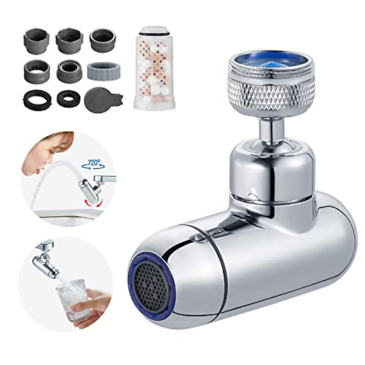 SUBMARINE Faucet Bubbler，720-Degree Multi-Angle Rotary Faucet Aerator、Extender，35 Degree Temperature Change Color，Can Be Used For Washing Face, Washing Eyes, Gargling, Etc(Silver)