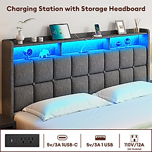 Dolonm LED King Size Bed Frame with 2 Storage Drawers, Upholstered King Bed Frame and Headboard with Charging Station, No Box Spring Needed, Easy Assembly, Dark Gray