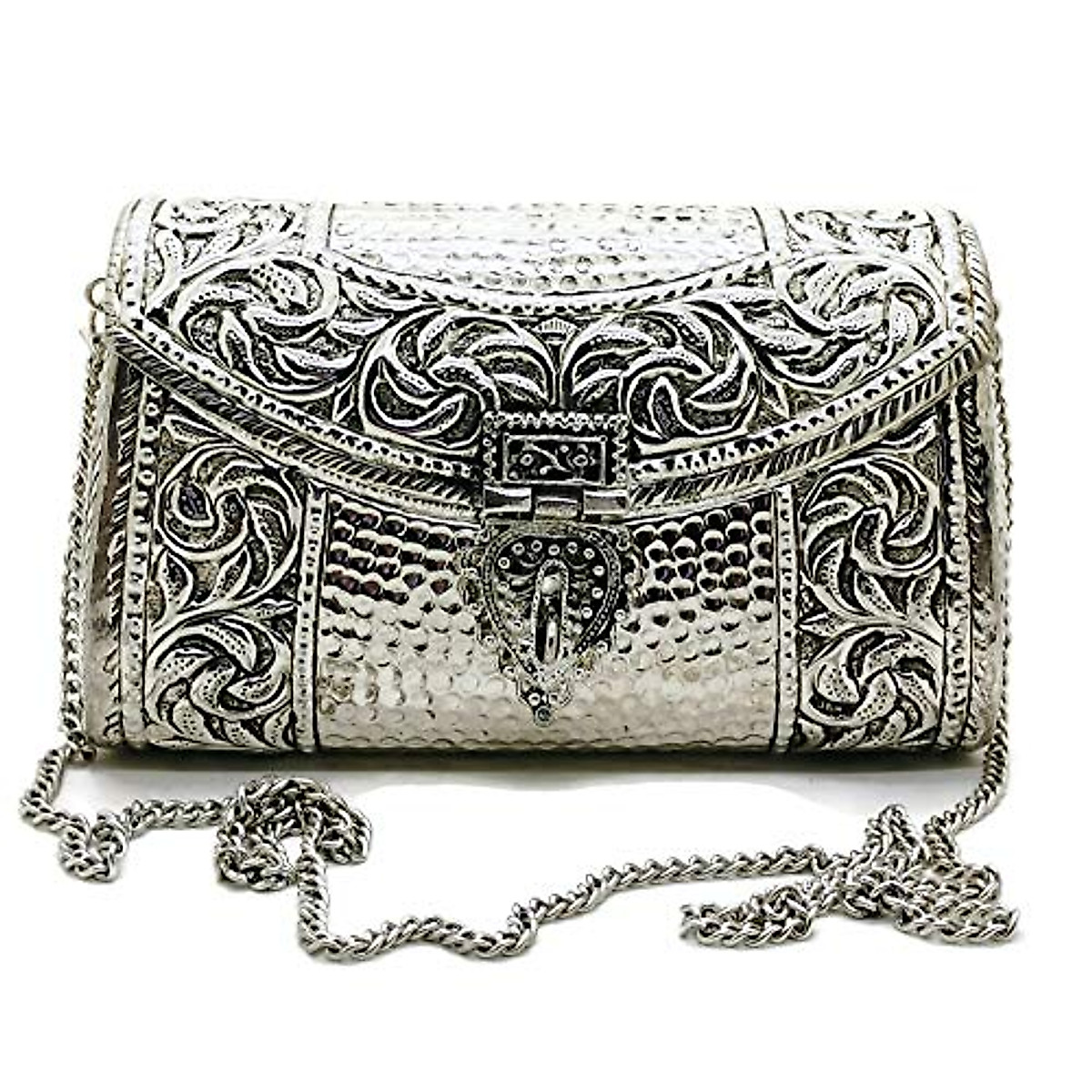 Trend Overseas women gift bridal bag Brass Metal Clutch Sling Bag Indian Ethnic Antique clutch (Silver)