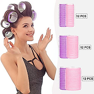 48 Pieces Self Grip Hair Rollers Set Self Holding Rollers No Heat Hair Curlers Hairdressing Curlers and Multicolor Plastic Duck Teeth Bows Hair Clips for DIY Hairdressing Salon Barber (Purple, Pink)
