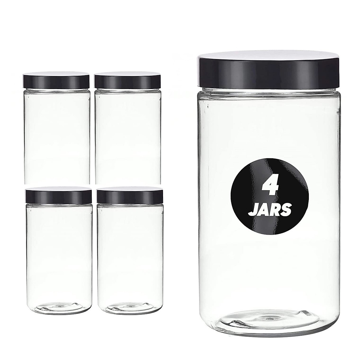 Mountain West Plastic Jars 32 Ounce Cylindrical Shape (4 Pack) Clear PET Plastic With Black Smooth Lids