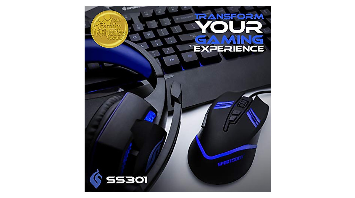 SportsBot SS301 Blue LED Gaming Over-Ear Headset Headphone, Keyboard & Mouse Combo Set w/ 40mm ...