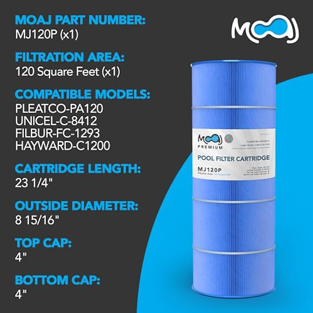 MOAJ Premium Pool Filter Replaces Hayward C1200, CX1200RE, PA120, PA120-M, Filbur FC-1293, C-8412, Clearwater II ProClean 125, PCCF-125, 817-0125 | 23 1/4" x 8 15/16" | 120 SQ FT | Asepsis-Infused
