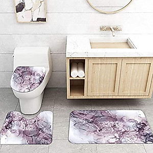 4pcs Marble Shower Curtain Bathroom Set, Abstract Marble Pattern Bathtub Accessory Kit with Bath Rugs Non-Slip Mat Toilet Seat Cover, Luxury Complete Wet Room Decor (Purple)