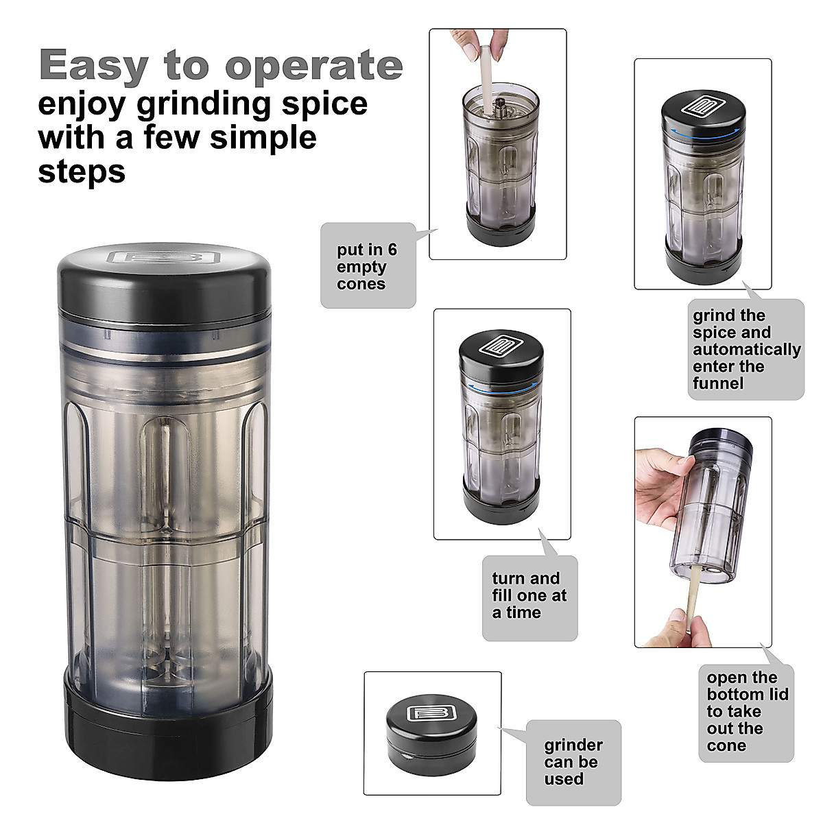 Free Boy 2.8’‘Large Aluminium Herb Grinder Transparent Cone Loader & Stasher 3 in 1,One or Six Cone Filling at time Convenient, Durable Grinders, Grind and Stash Spice（Broom& Brush) Black