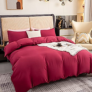 ERZRGA Red Duvet Cover Twin, 100% Washed Microfiber Red Bedding Set 3 Pieces Solid Duvet Cover, 1 Duvet Cover with 2 Pillowcases, with Zipper Closure, Ultra Soft Feel Natural Wrinkled (Red, Twin)
